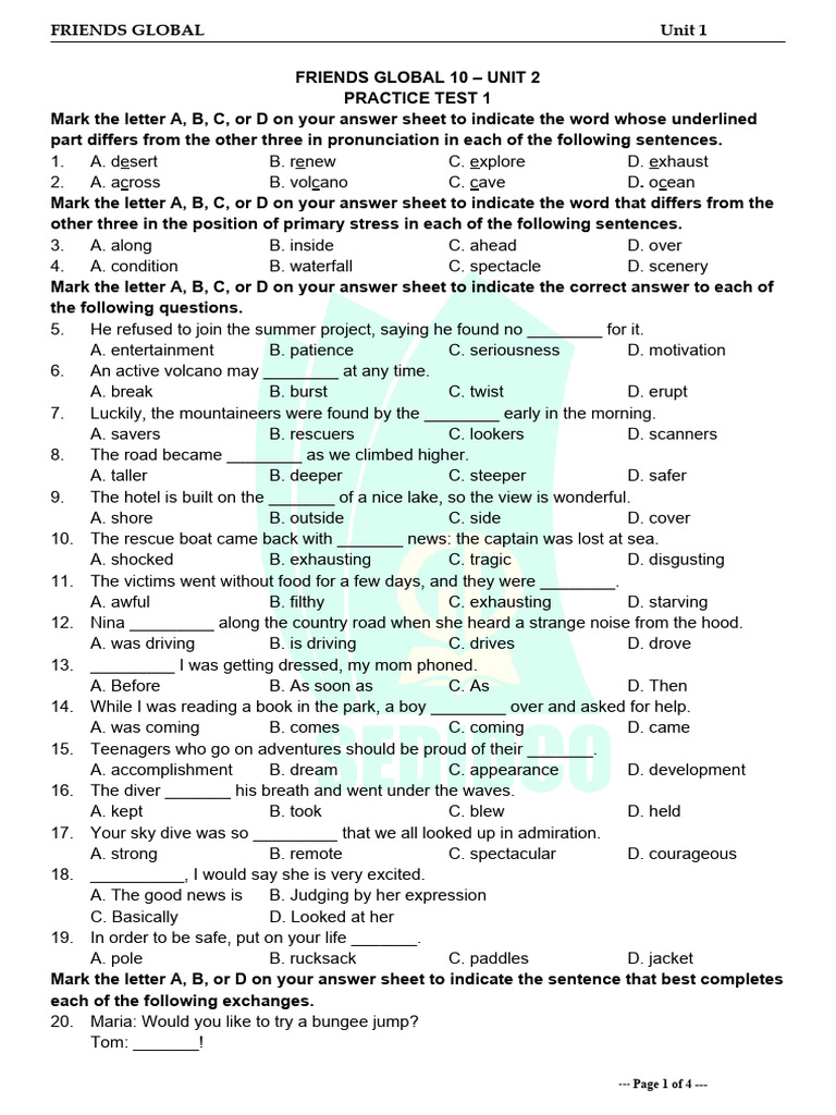Friends Global Unit 2 Practice Test | PDF | Language Arts & Discipline