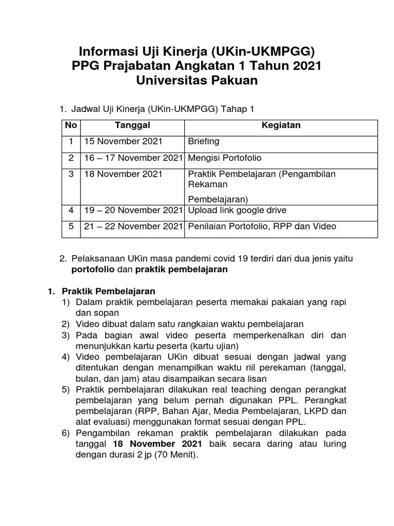 Informasi Uji Kinerja PPG Prajabatan Tahap1 | PDF