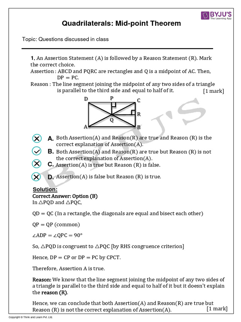 Quadrilaterals - Mid-Point Theorem - 1 - in Class | PDF