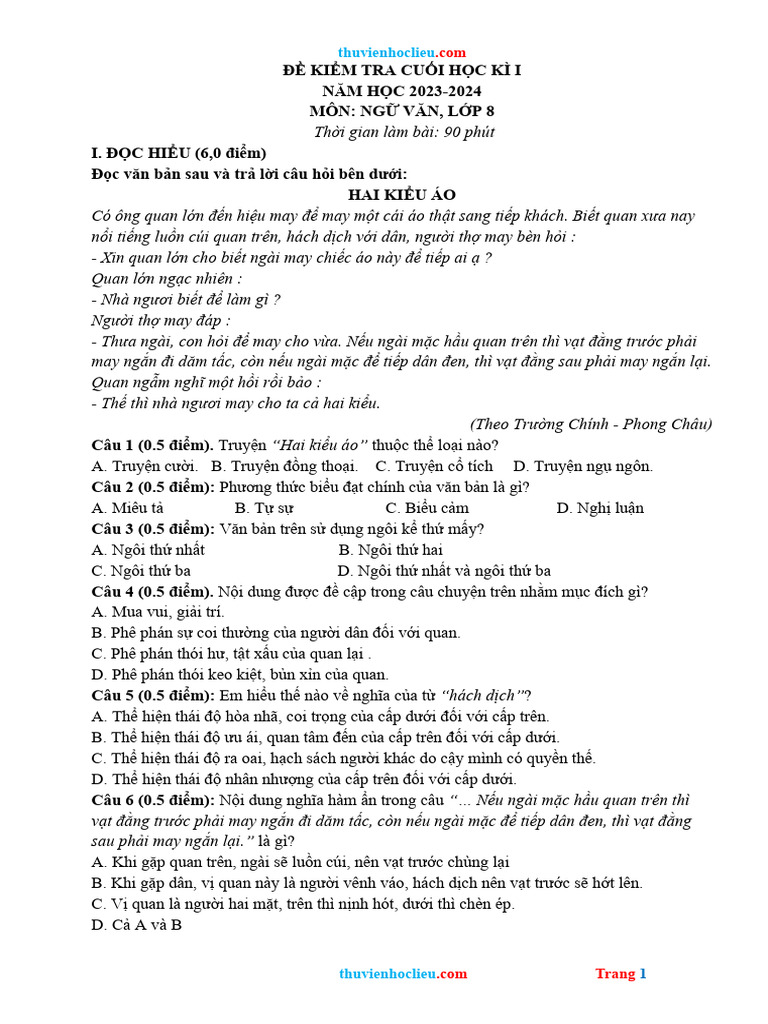 De Thi HK1 Ngu Van 8 Canh Dieu | PDF