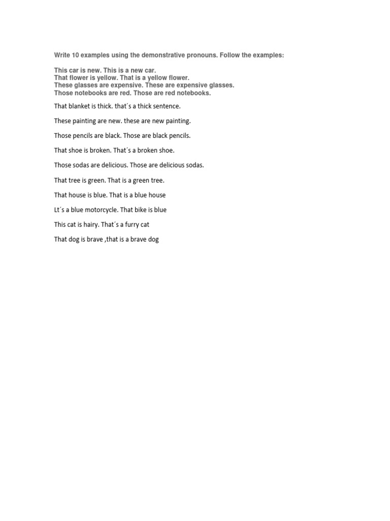 Write 10 Examples Using The Demonstrative Pronouns | PDF