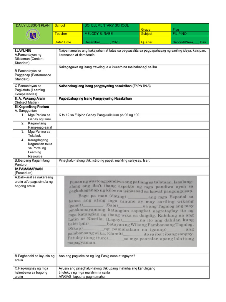 Filipino Week 4 Day 1 | PDF