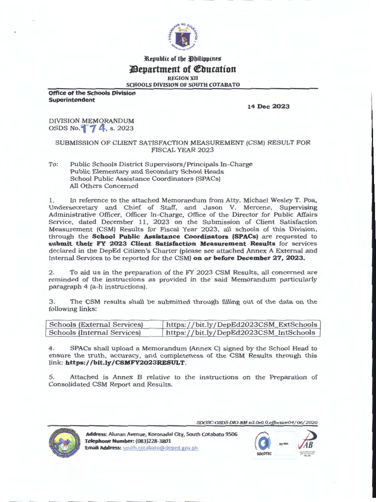 DM Osds No. 174, S. 2023-Submission of Client Satisfaction Measurement ...