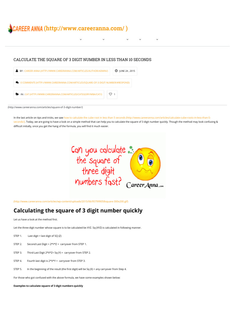Calculate The Square of 3 Digit Number in Less Than 10 Seconds - Career ...