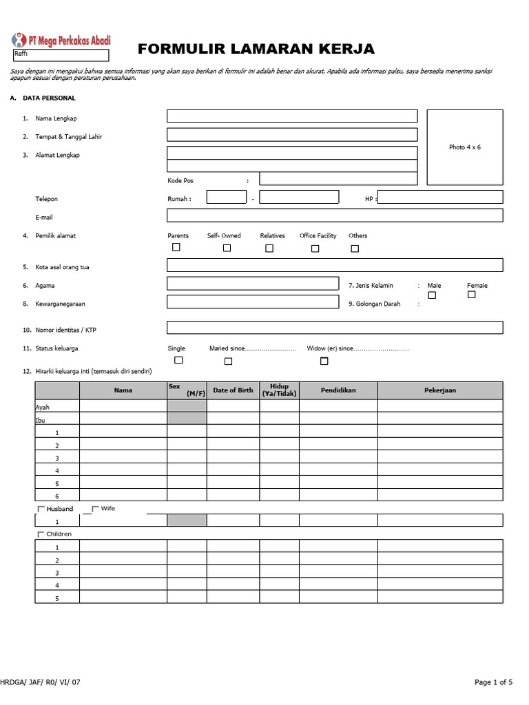 Formulir Lamaran Kerja Lengkap | PDF