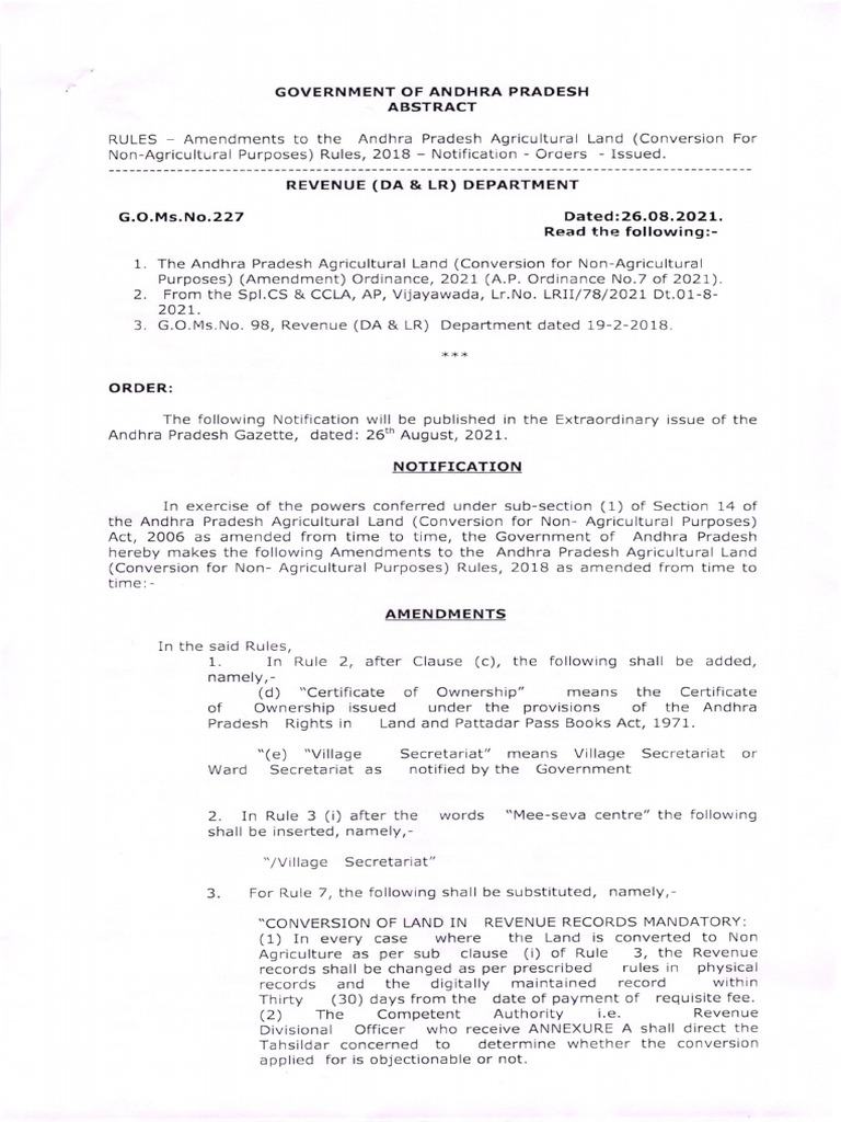 G.O.ms - No.227 Land Conversion Go98 Ammendment | PDF | Common Law | Legal Documents
