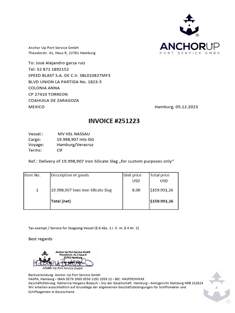 Invoice MV HSL Nassau Speed Blast | PDF