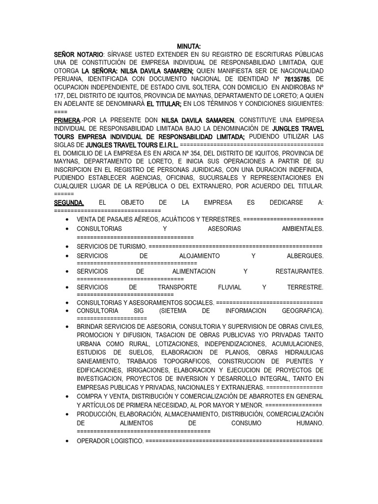Minuta de Constitución E.I.R.L. en Perú | PDF | Hogar, jardinería y ...