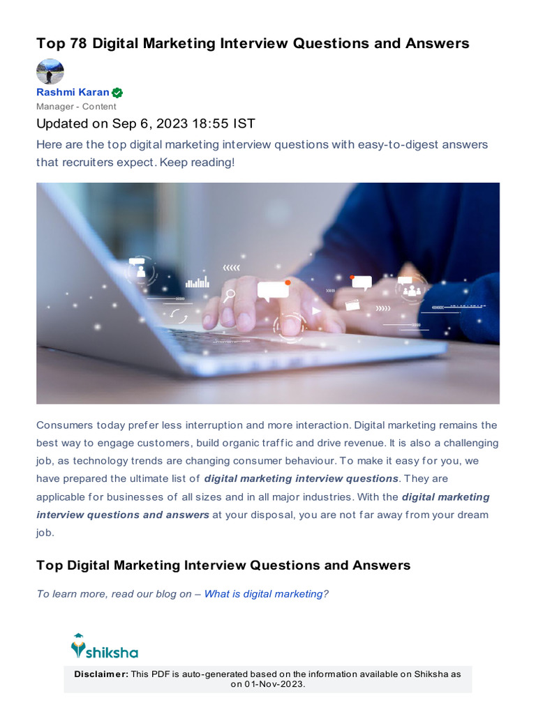 Top 78 Digital Marketing Interview Questions and Answers: Updated On Sep 6, 2023 18:55 IST | PDF ...