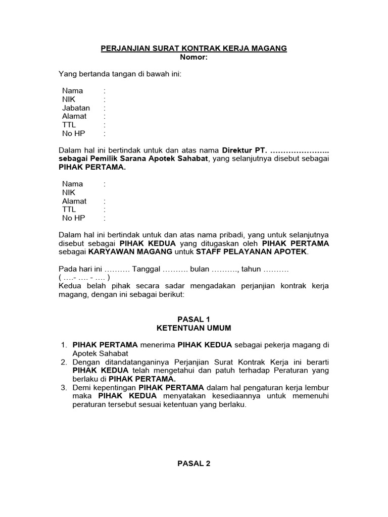 Perjanjian Surat Kontrak Kerja Magang | PDF