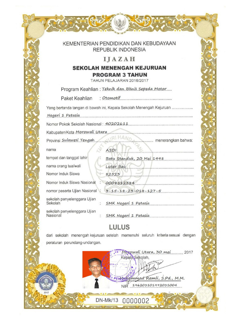 IJAZAH DEPAN ASDI Ok Tanpa TTD | PDF