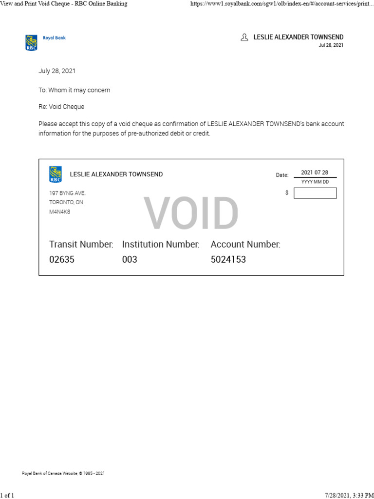 View and Print Void Cheque - RBC Online Banking | PDF
