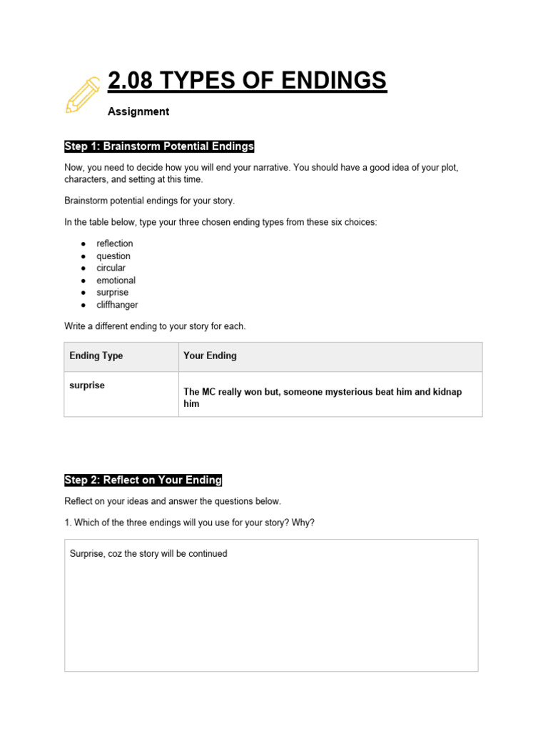 ELA+10+2.08+Types+of+Endings Assignment | PDF | Human Communication