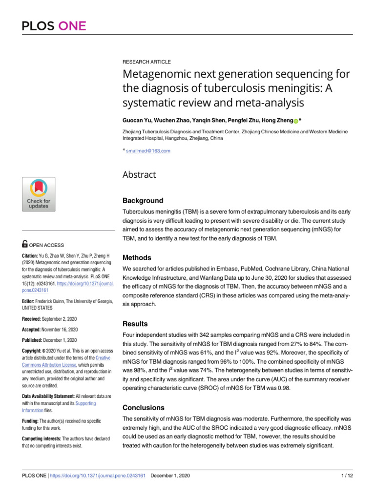 Metagenomic Next Generation Sequencing For The Diagnosis of Tuberculosis Meningitis: A ...