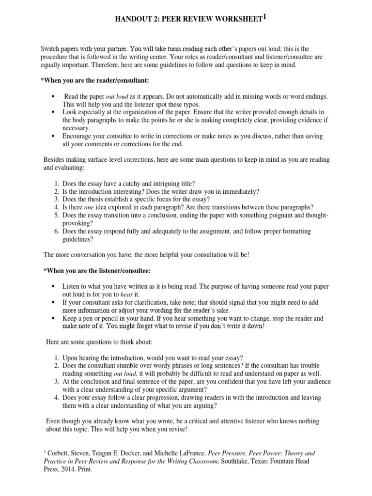 Guidelines For Writing Center Consulting and Peer Review Worksheet ...