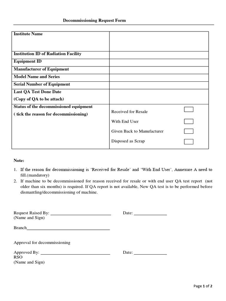 Decommissioning Request Form For X-Ray Equipment | PDF | Technology ...