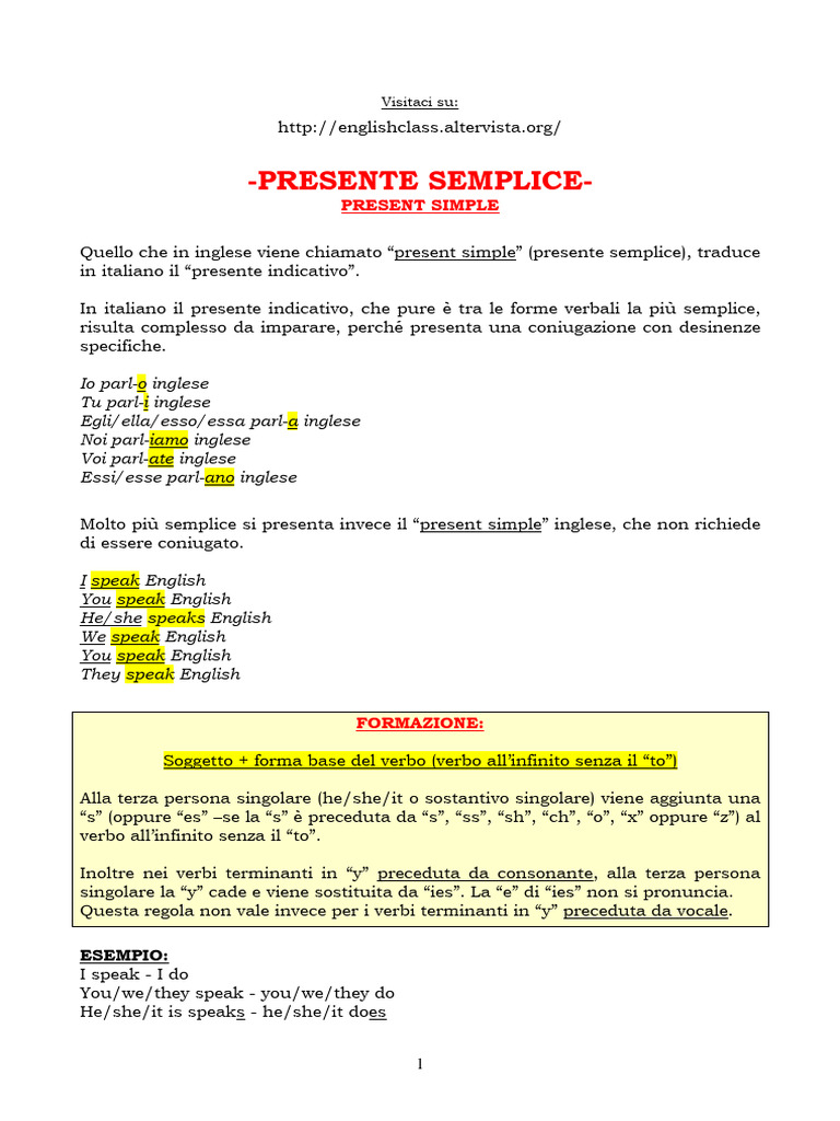Presente Semplice - Present Simple | PDF