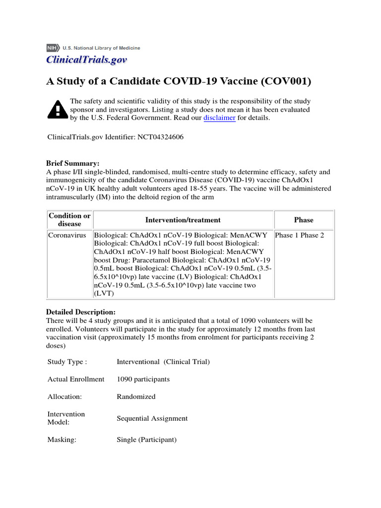 COV001 Phase I and II - AstraZeneca Clinical Trial | PDF | Phases Of Clinical Research ...
