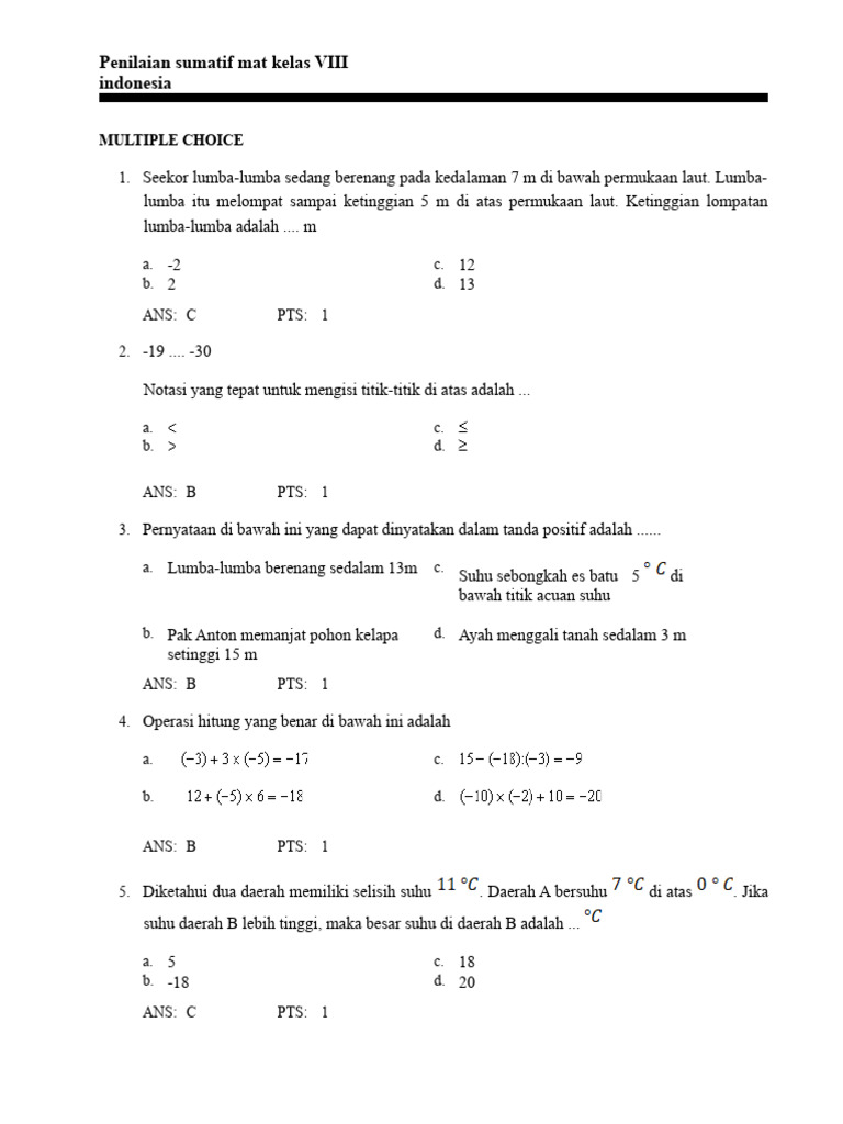 Soal Matematika Kelas VIII: Pilihan Ganda | PDF