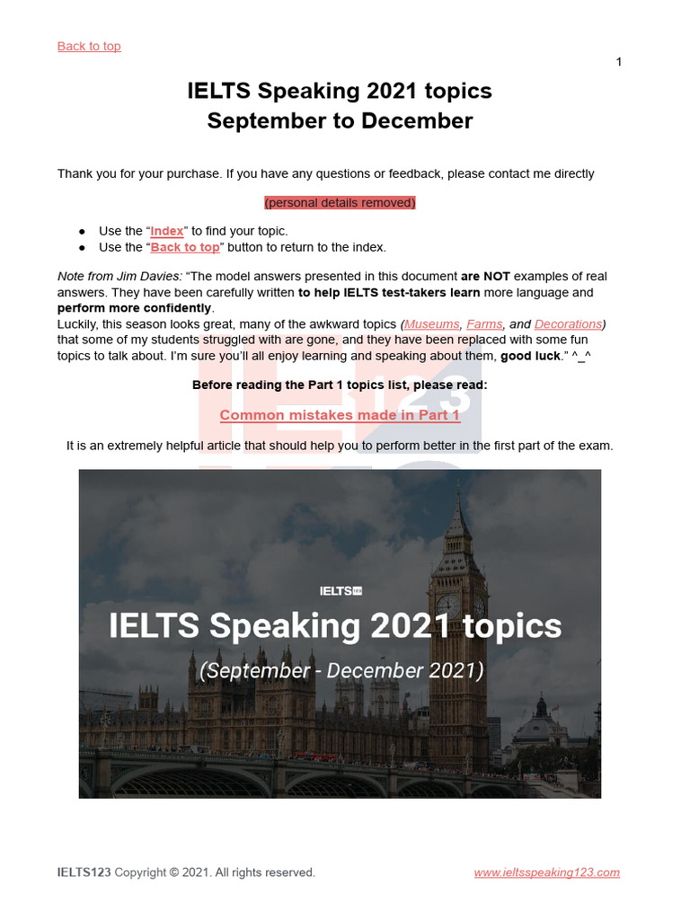 IELTS Speaking Topics 2021 September - December | PDF