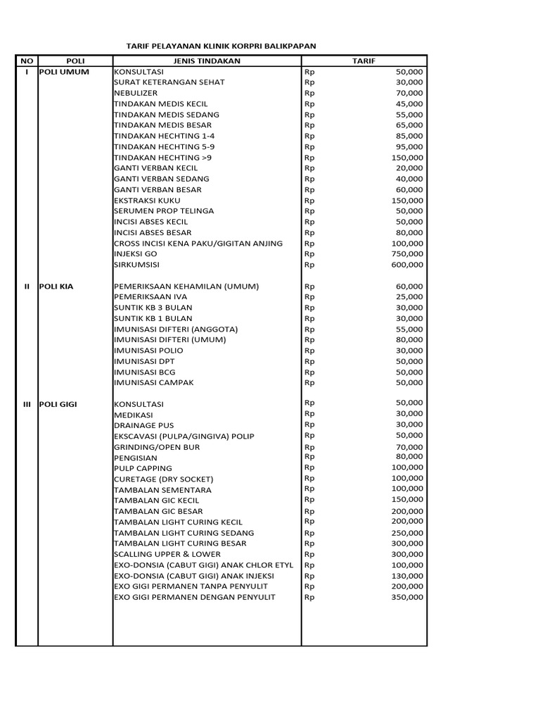 Tarif Pelayanan | PDF