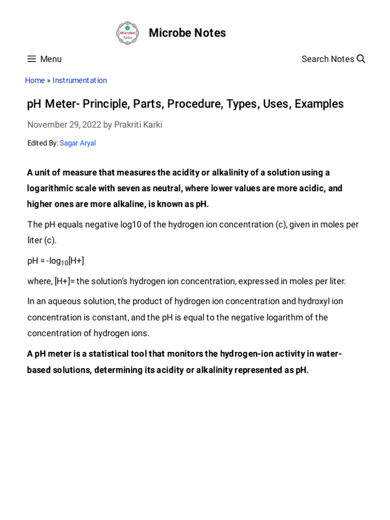 PH Meter - Principle, Parts, Procedure, Types, Uses, Examples | PDF