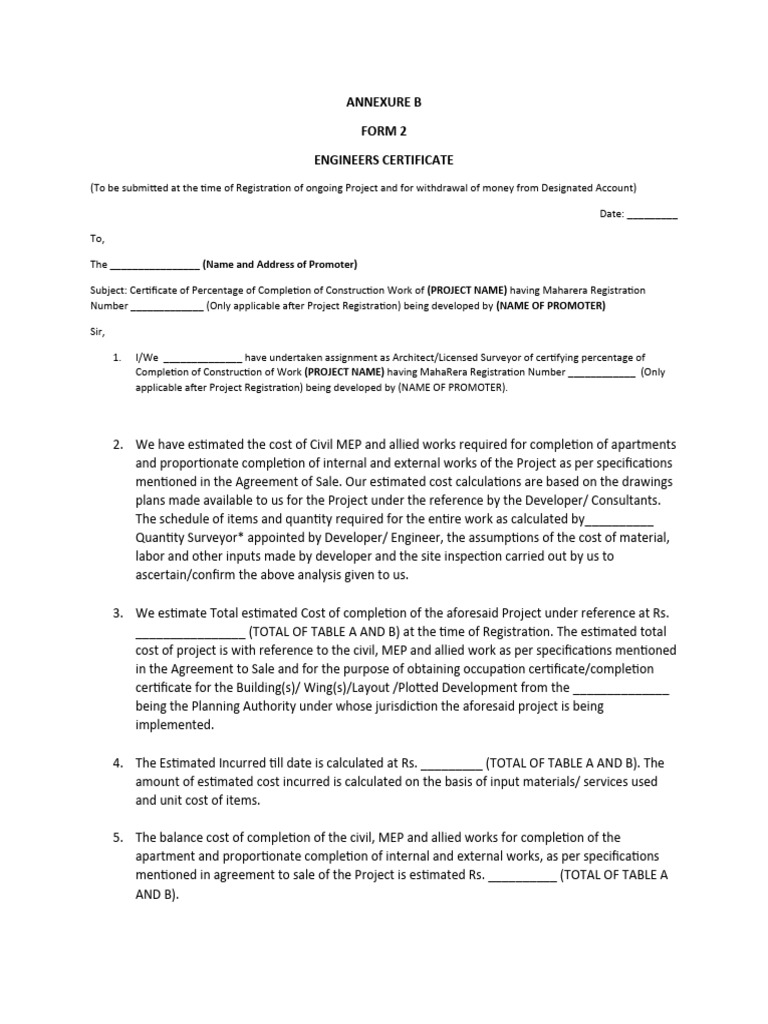 FORM 2 (Engineer Certificate) | PDF | Cost | Engineer