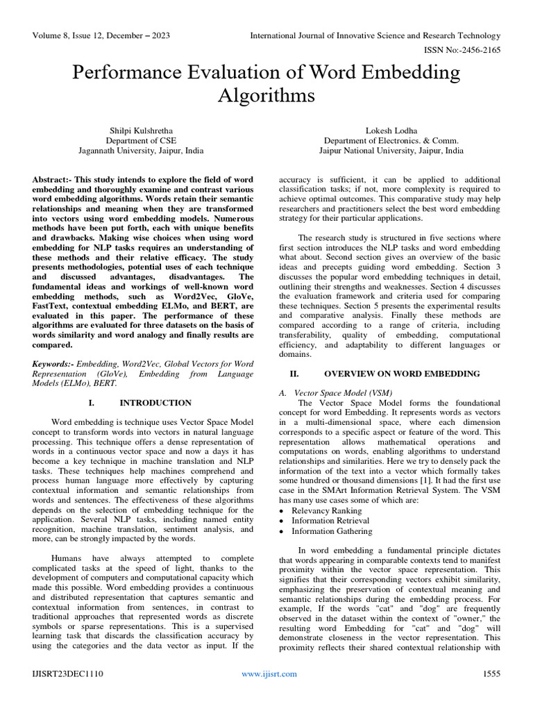 Performance Evaluation Of Word Embedding Algorithms Pdf Part Of