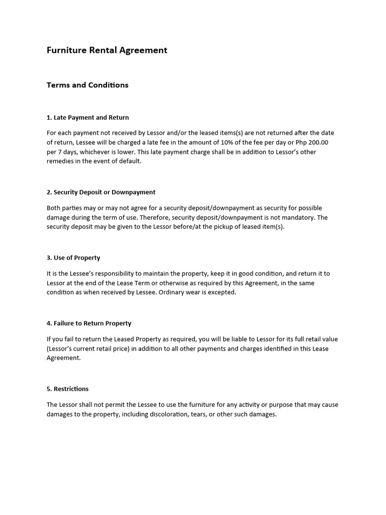 Furniture Rental Agreement Template Printable