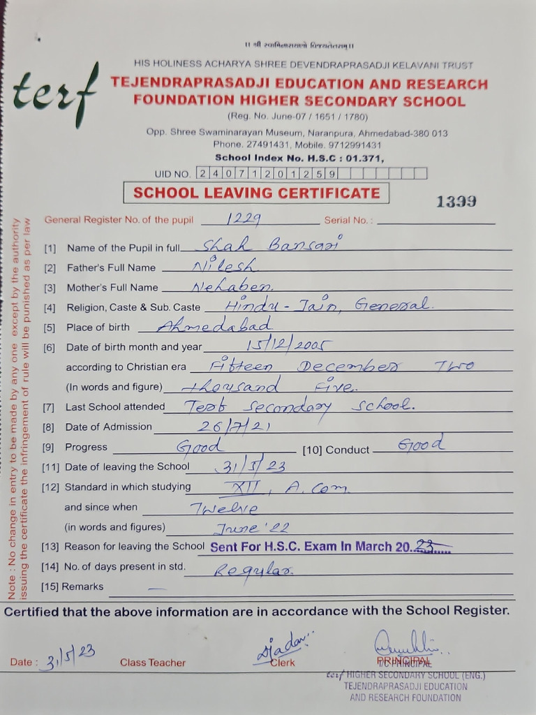 School Leaving Certificate | PDF | Educational Institutions ...