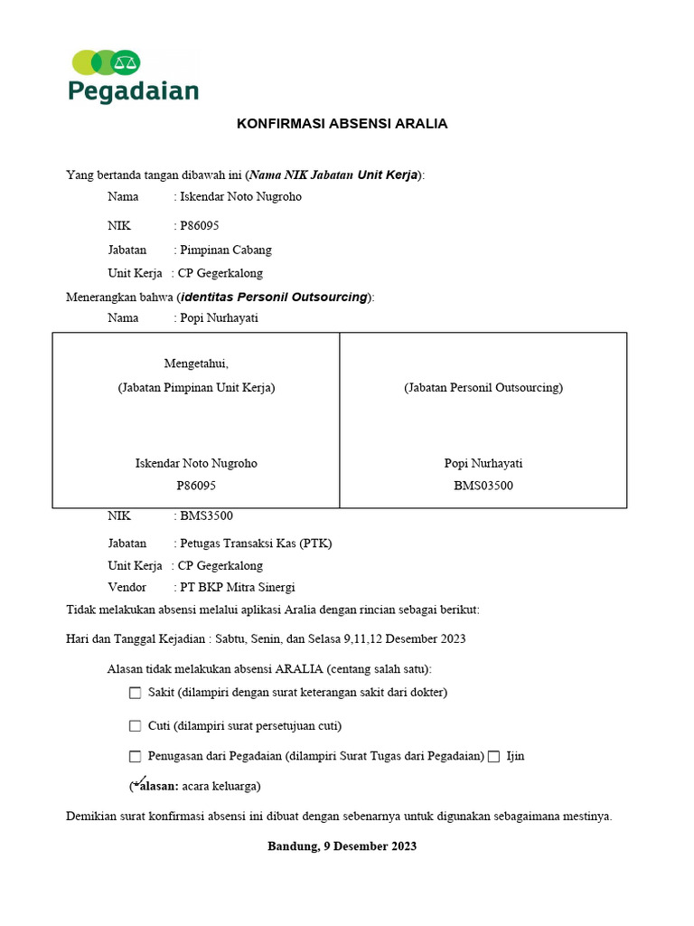 Form Konfirmasi Absensi Aralia | PDF