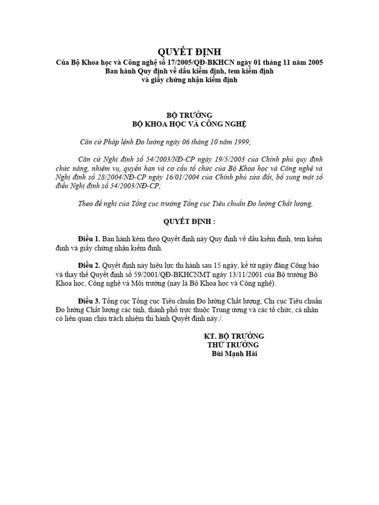 Quyet Dinh 17-2005 Qui Dinh Tem, Dau Va Giay Chung Nhan Kiem Dinh | PDF