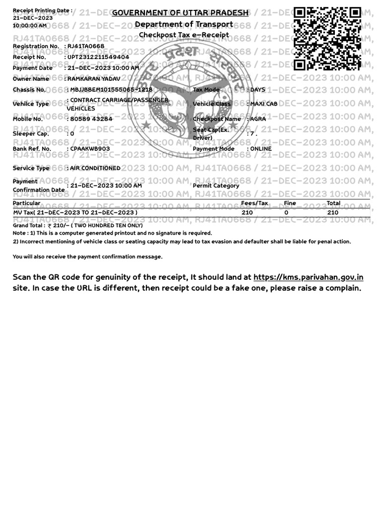 UP Checkpost Tax e-Receipt Details | PDF