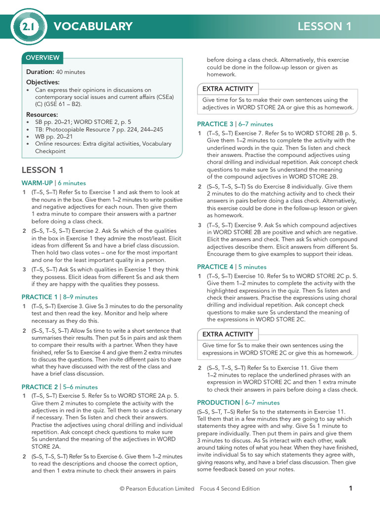 Focus4 2E LessonPlans U02 Lesson1 Vocabulary | PDF