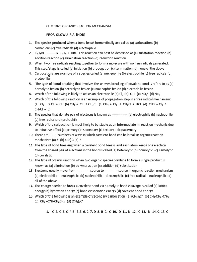 CHM 102 Organic Reaction Mechanism | PDF