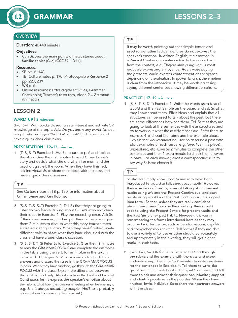 Focus4 2E LessonPlans U01 Lesson2 3 Grammar | PDF | Emotions | English Language