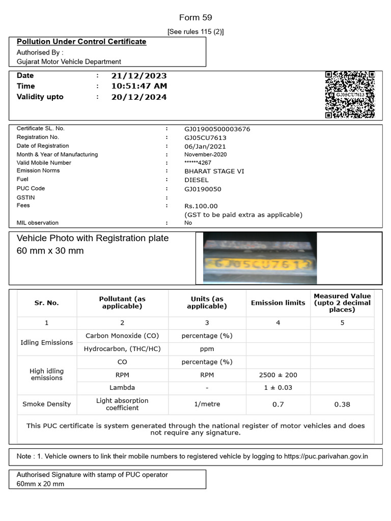 Form 59: Vehicle Photo With Registration Plate 60 MM X 30 MM | PDF ...
