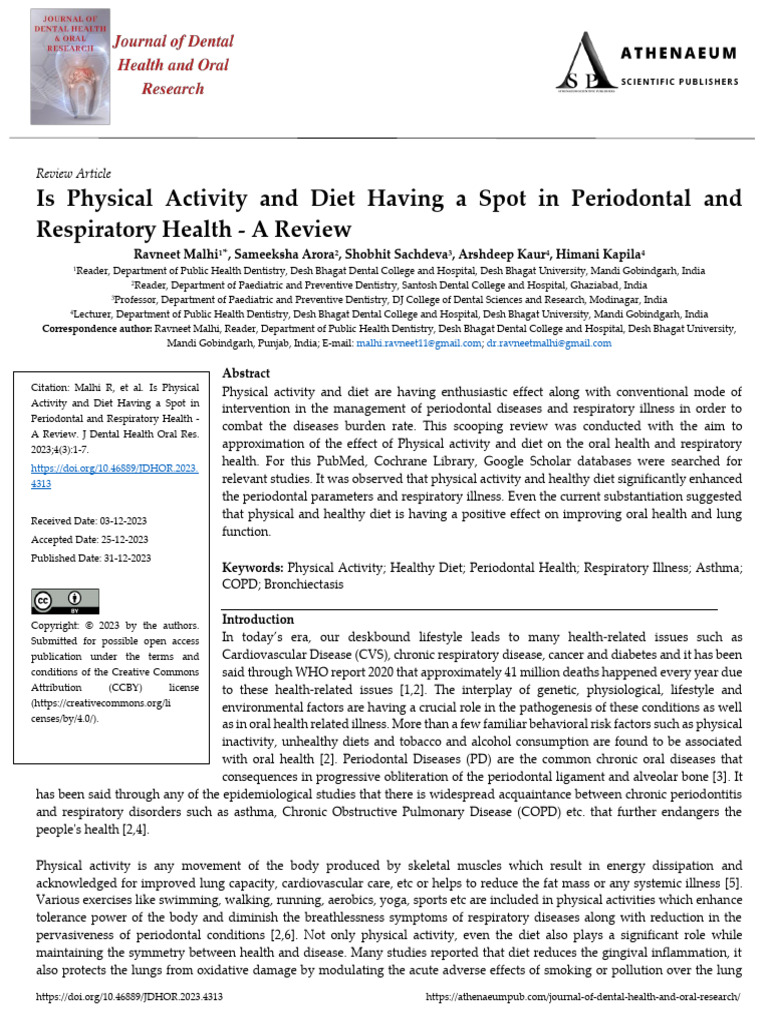Is Physical Activity and Diet Having A Spot in Periodontal and Respiratory Health A Review | PDF ...