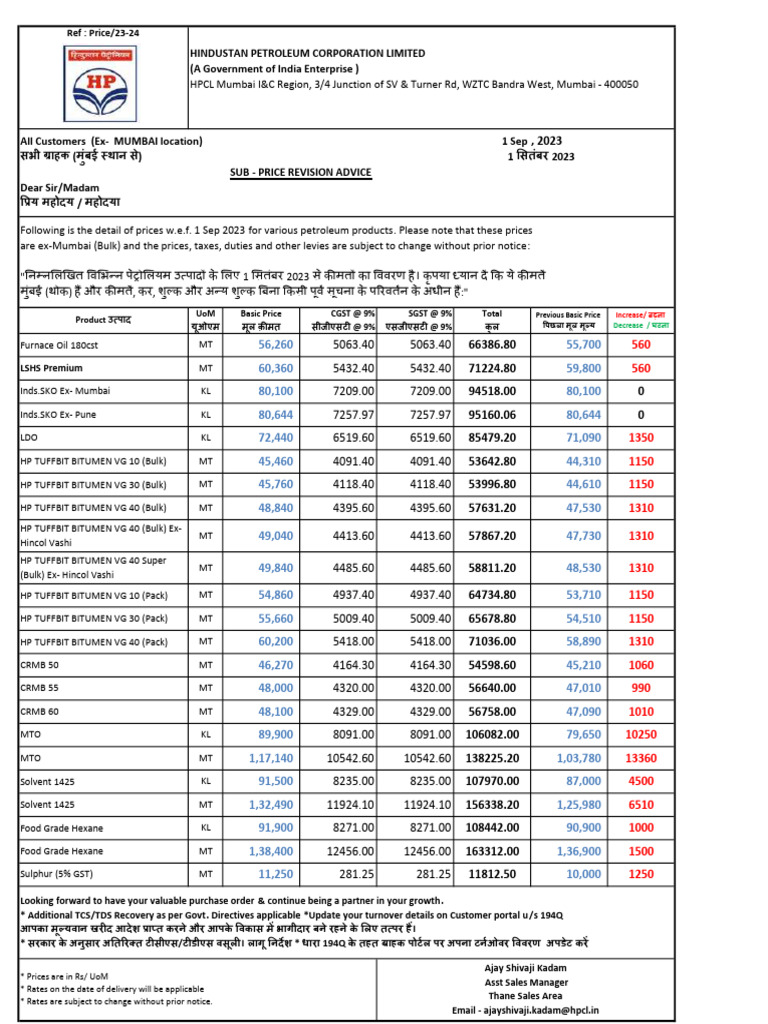 HPCL Price List Update - Sept 2023 | PDF | Petroleum Industry | Fossil ...