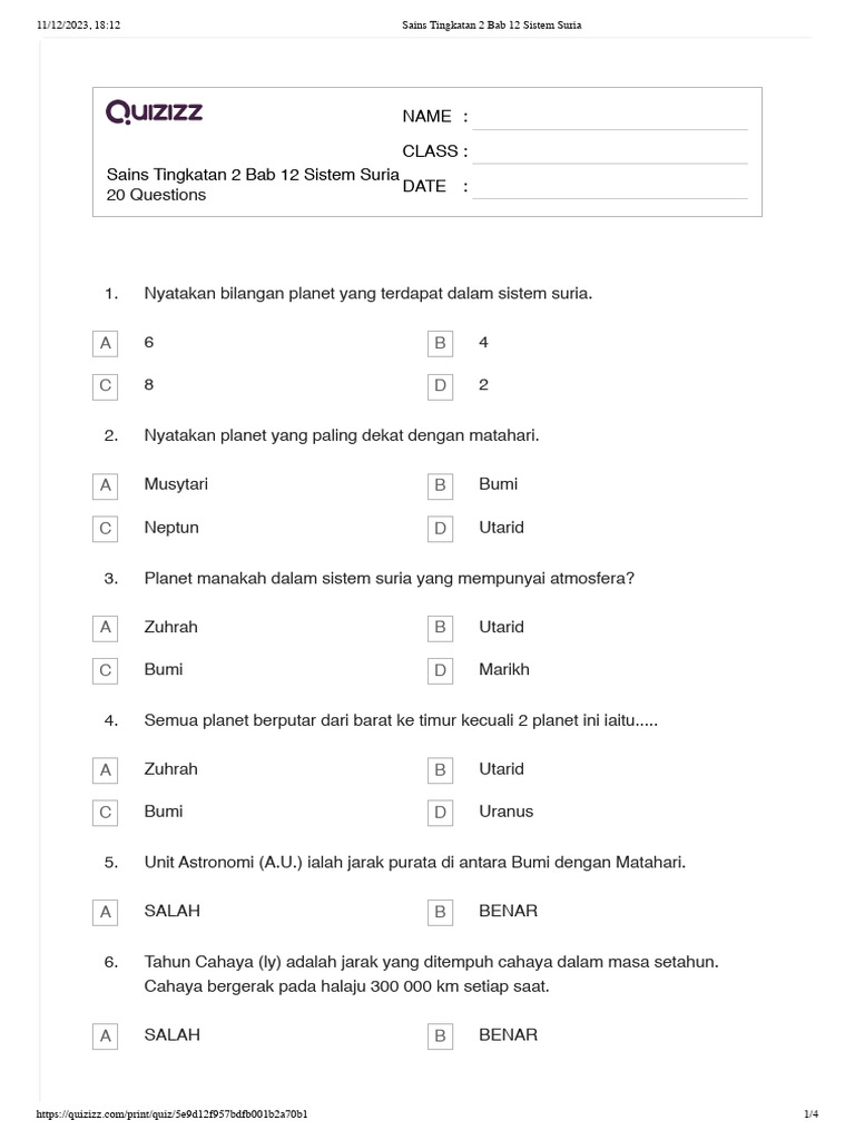 Sains Tingkatan 2 Bab 12 Sistem Suria Latihan | PDF