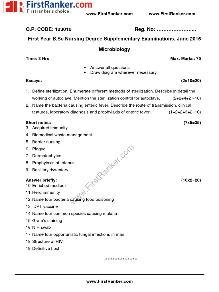 Q.P. CODE: 103010 Reg. No: ... First Year B.SC Nursing Degree Supplementary Examinations, June ...