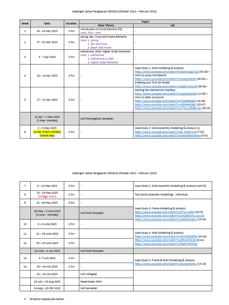 MEC610 Teaching Schedule 2023 | PDF | Civil Engineering | Mechanical ...