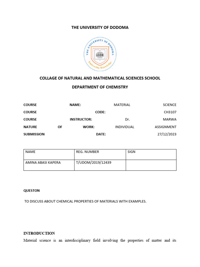 Material Assignment 1 | PDF | Chemistry | Chemical Compounds