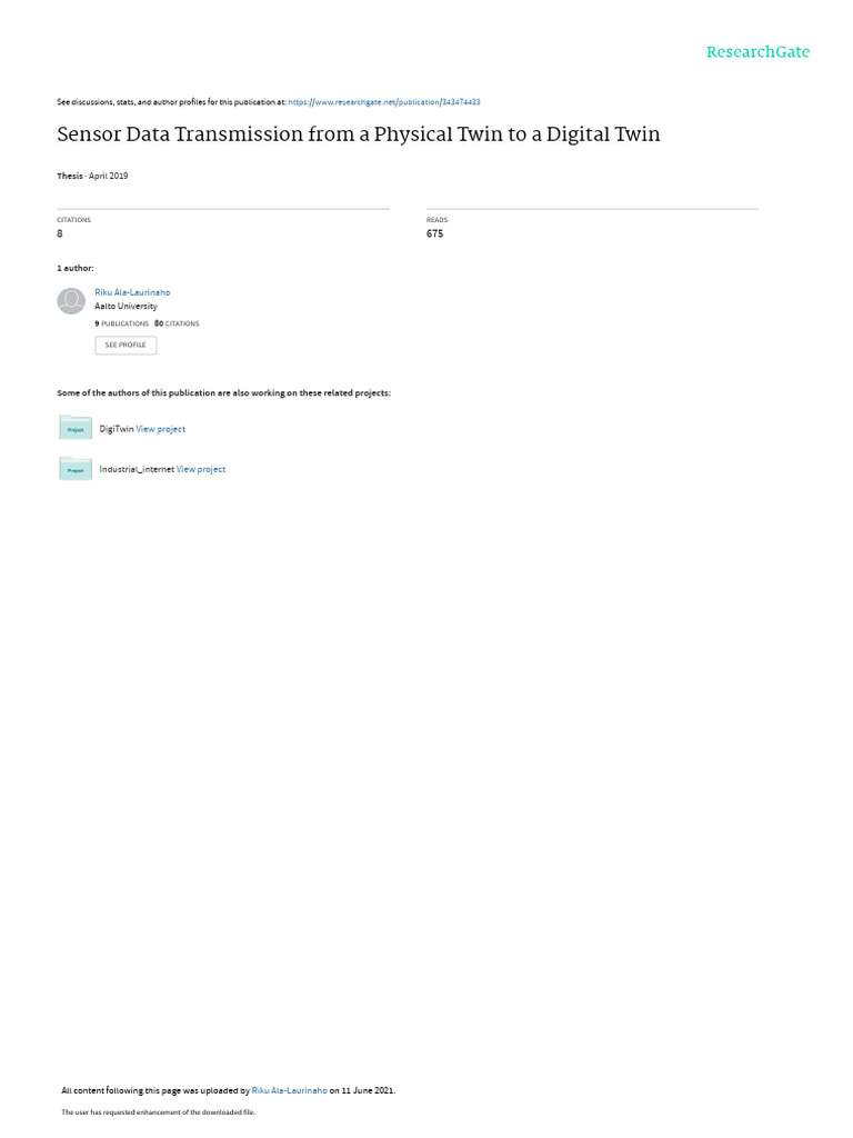Sensor Data Transmission From A Physical Twin To A Digital Twin | Download Free PDF | Simulation ...