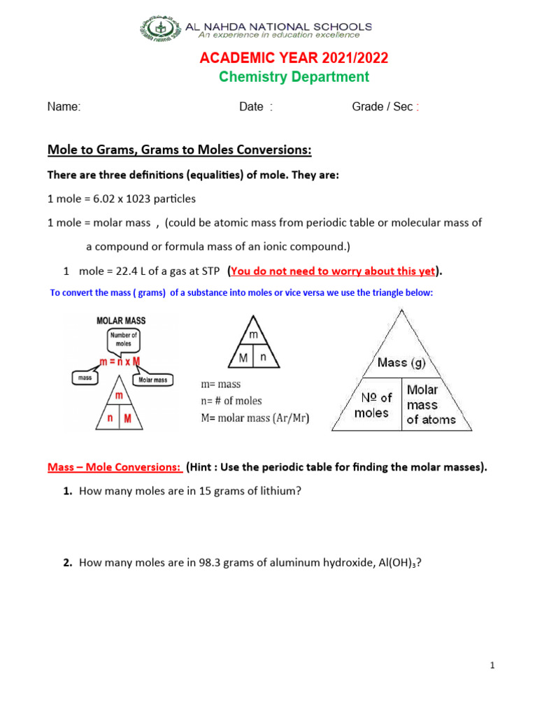 Moles, Mass, Particles WS | PDF