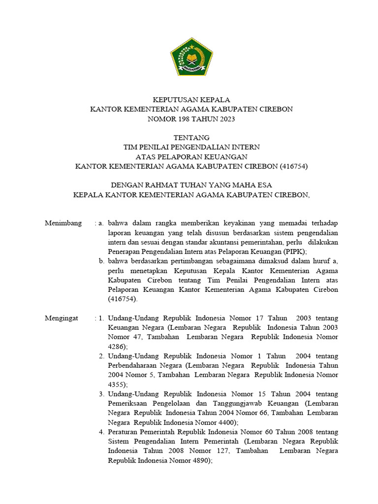 Tim Penilai PIPK Kemenag Cirebon 2023 | PDF | Pengelolaan Keuangan & Uang