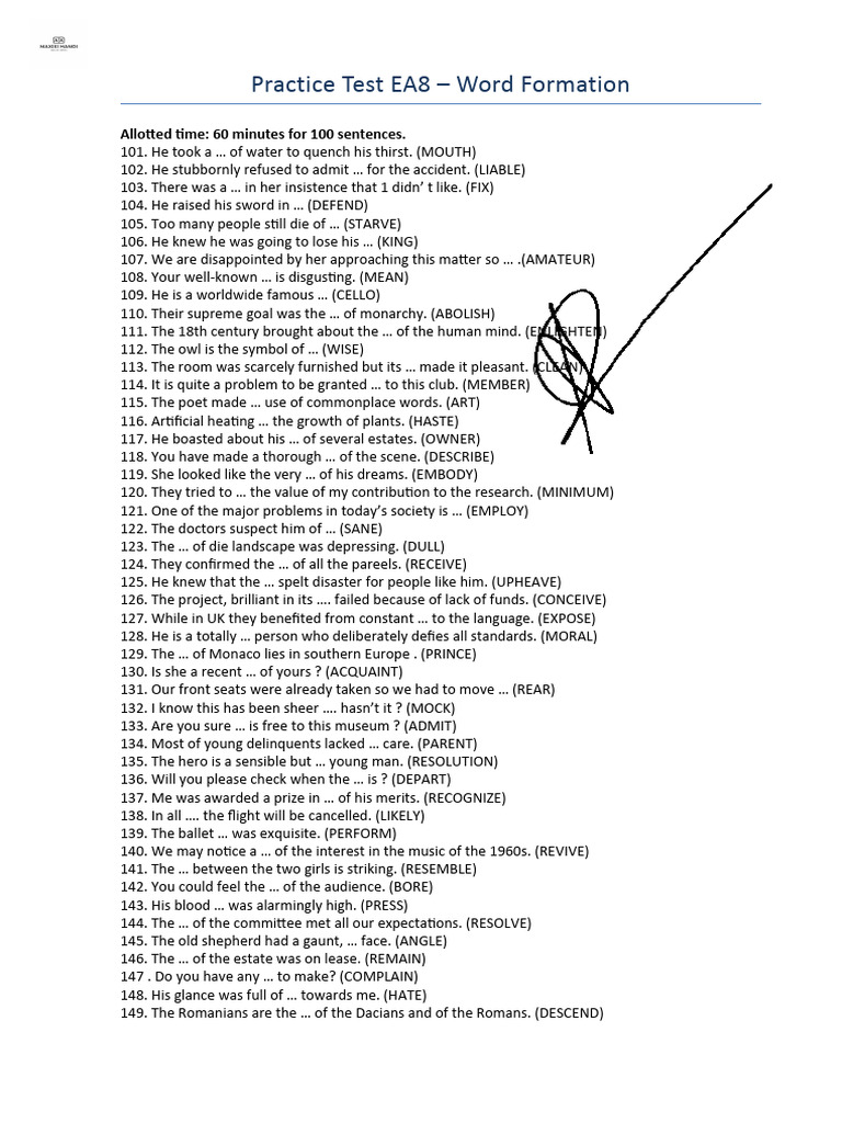 Word Formation Practice Test EA8 | PDF