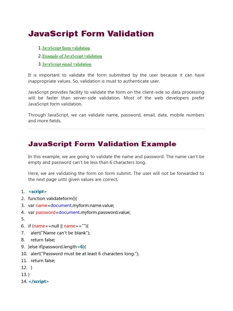JavaScript Form Validation | PDF | Java Script | Computing JavaScript Form Validation | PDF | Java Script | Computing