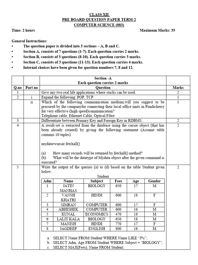 Class Xii CS PB Term 2 Question Paper | PDF | Data Management Software ...