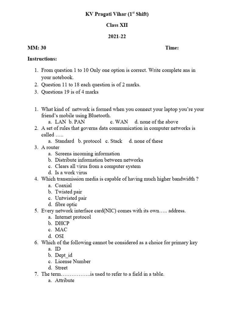 Xii CS PT-2 2021-22 Sample Paper 1 | PDF